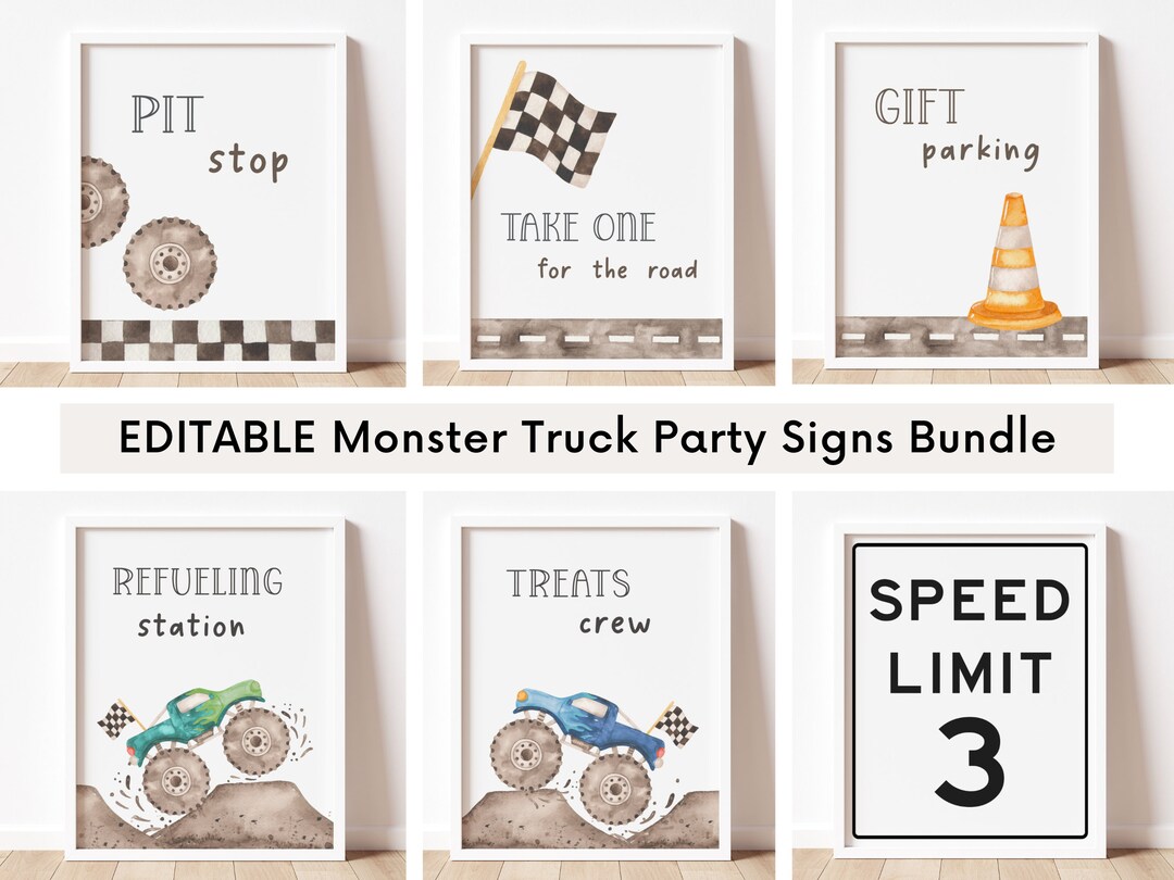 Editable Monster Truck Party Signs Bundle, Monster Truck Birthday Food ...
