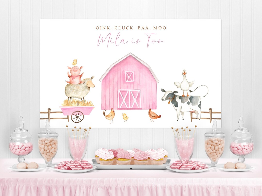 Editable Pink Barn Birthday Banner, Girl Barnyard Farm Animals Party ...