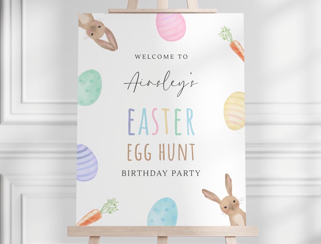 Easter Egg Hunt Birthday Welcome Sign, Editable Pastel Easter B'day ...