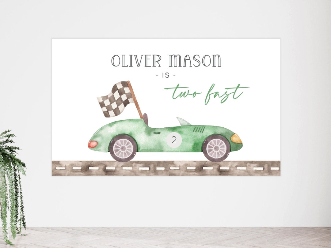 Editable TWO Fast Wall Banner, Vintage Green Race Car Party Decoration ...