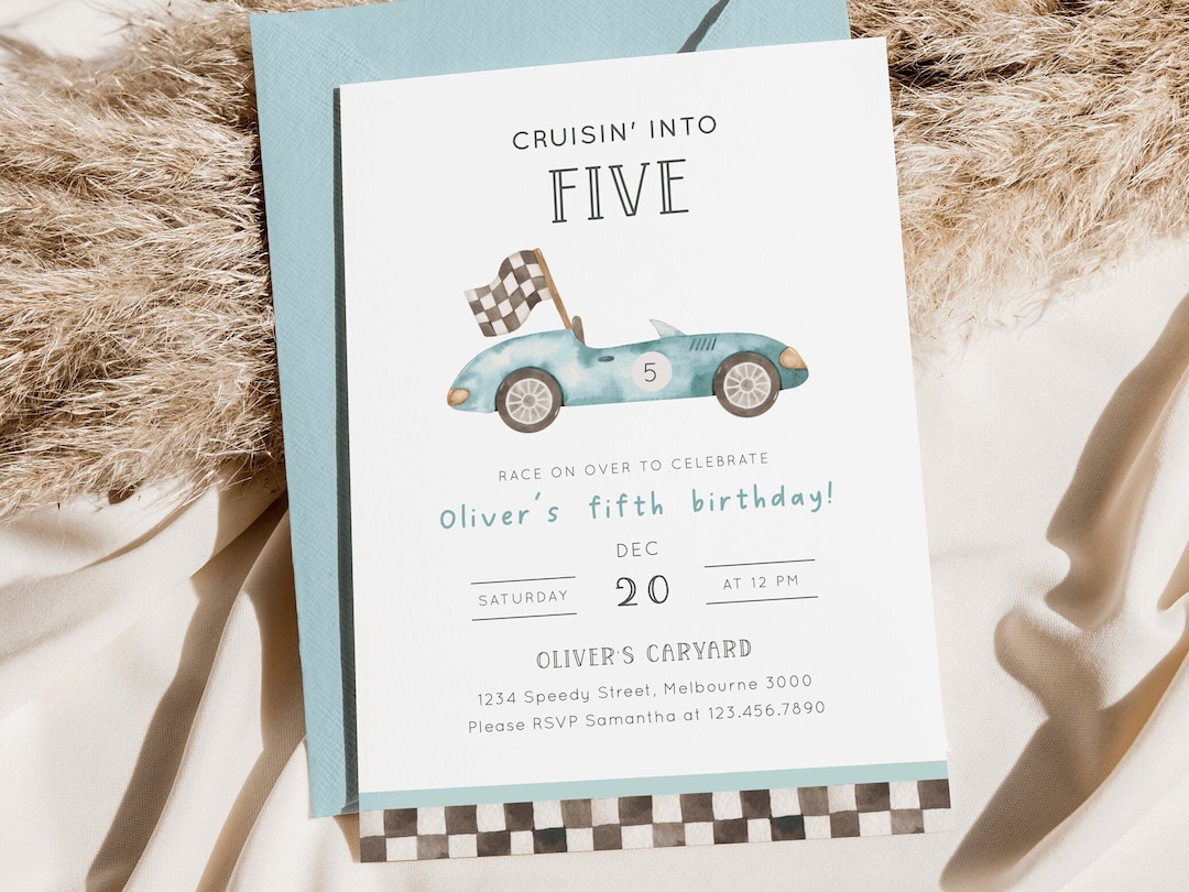 Race Car 5th Birthday Invitation, Editable Template, Vintage Blue Car ...