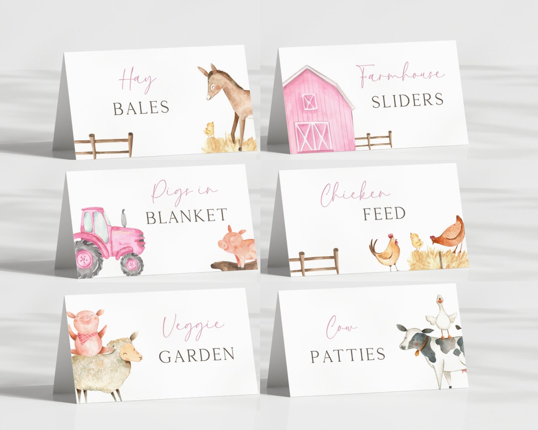 Pink Farm Animals Food Tents, Editable Girl Barnyard Birthday Food ...