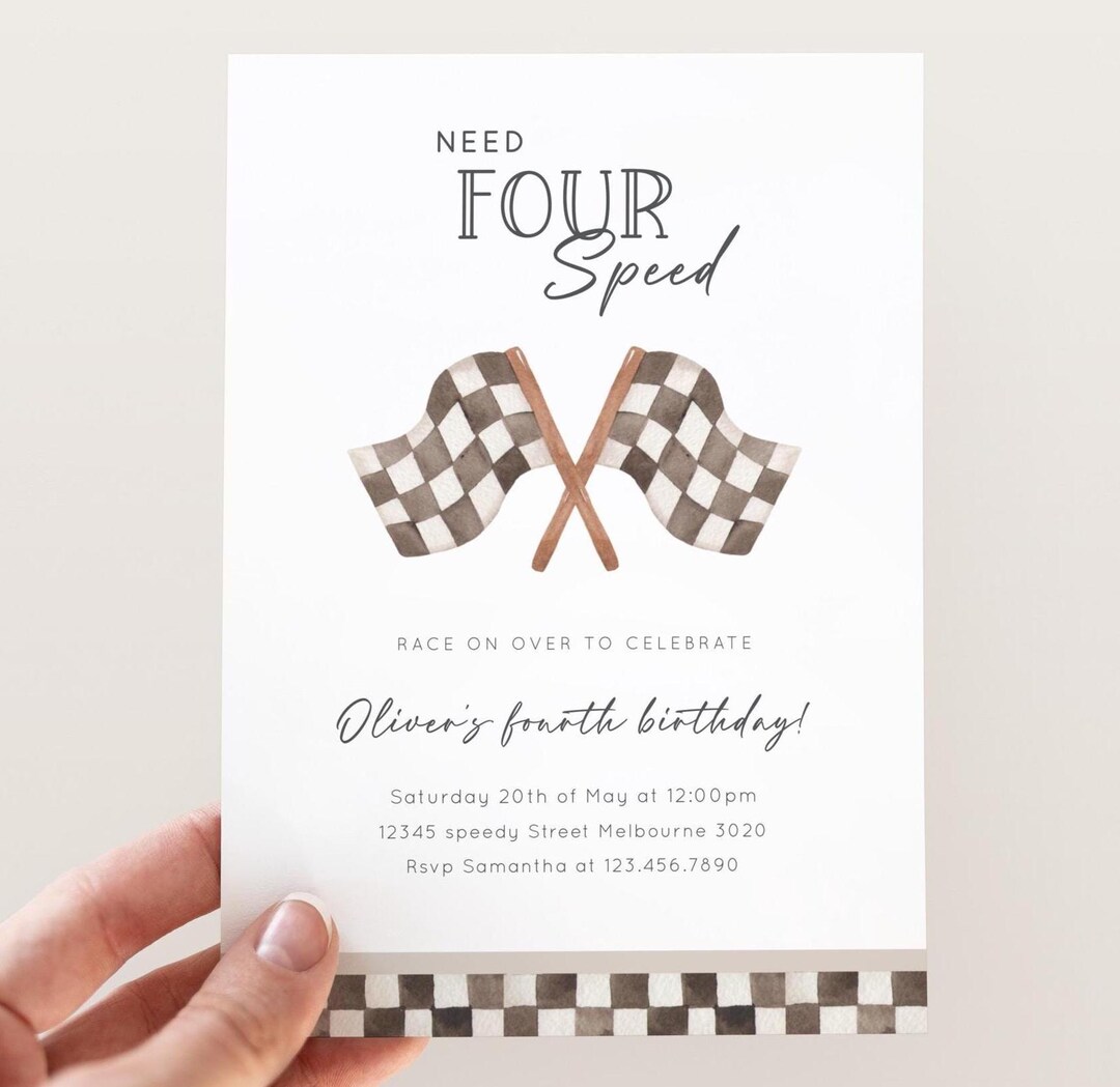 Need Four Speed Racing Birthday Invitation, Editable Race Flags 4th B ...