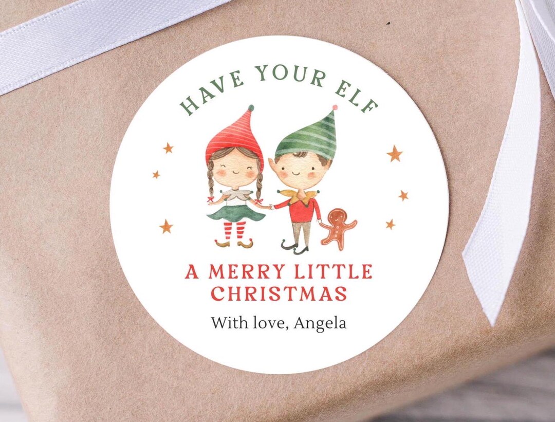 Little Elf Merry Christmas Sticker, Editable Elf X'mas Round Labels ...