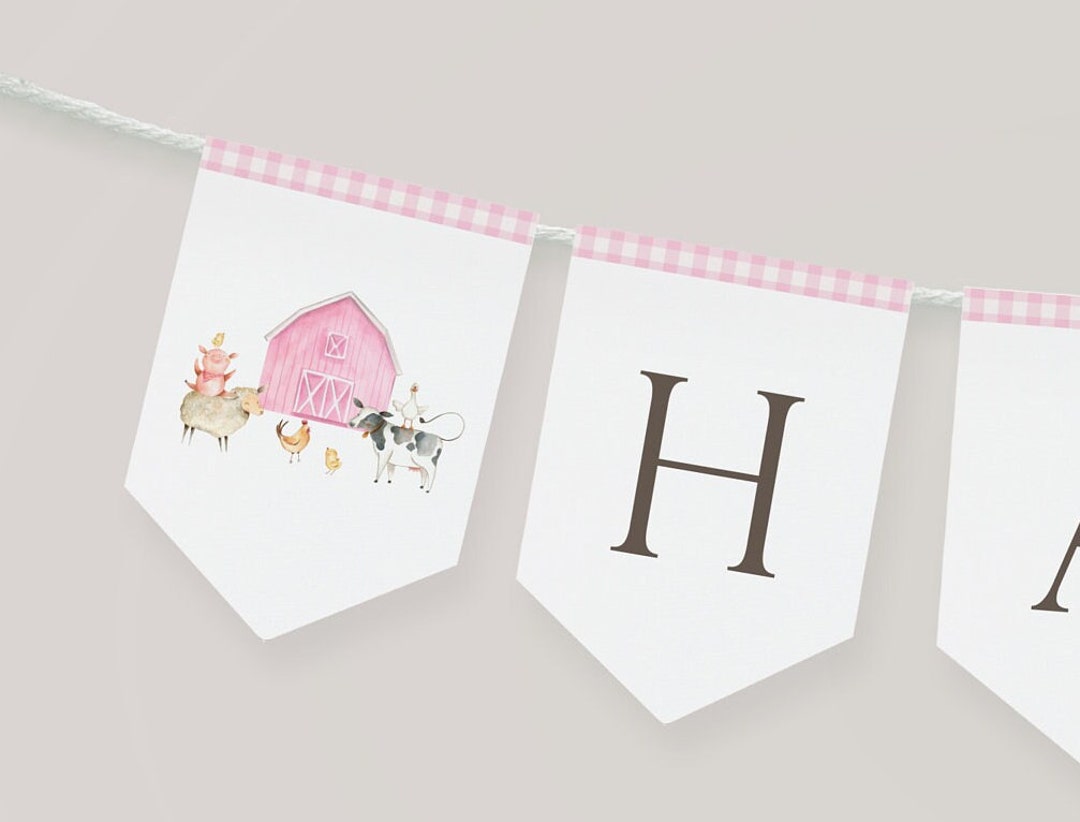 Pink Barn Happy Birthday Banner, Editable Girl Farm Animals B'day Party ...