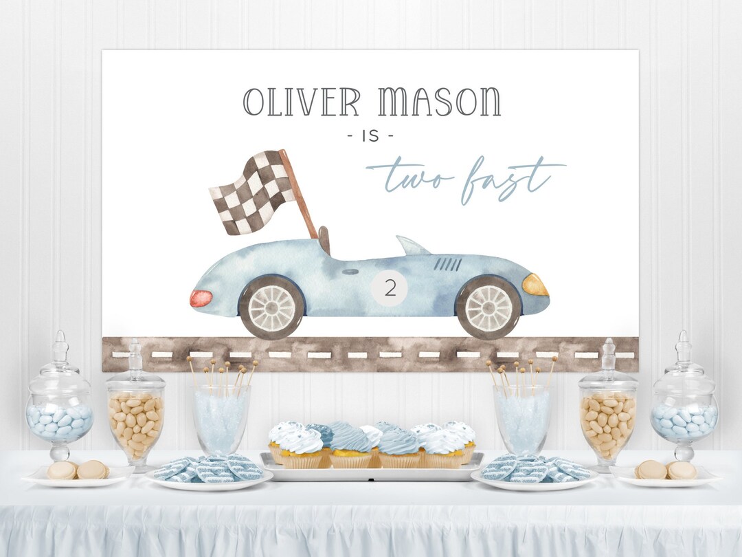 Baby Blue Car Two Fast Birthday Wall Banner, Editable Vintage Racing ...