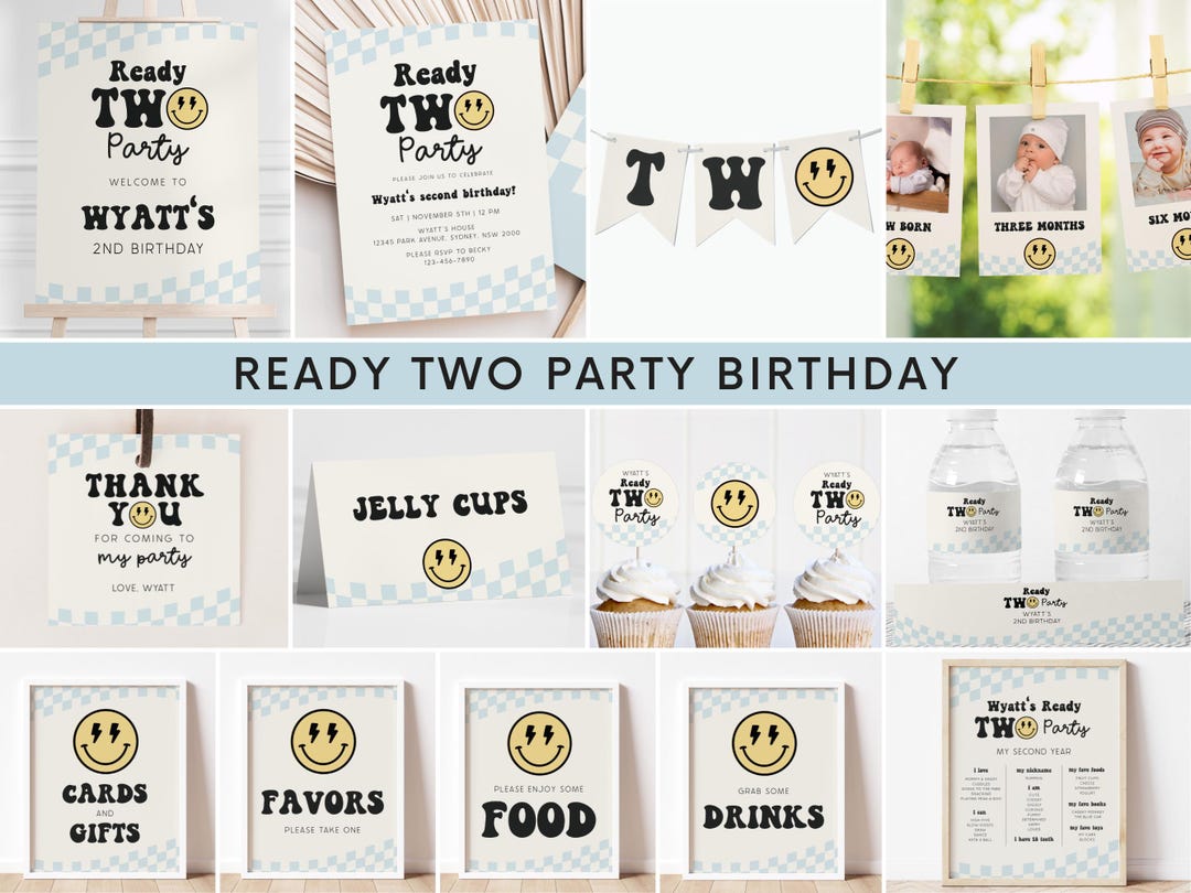 Ready TWO Party Birthday Invitation Bundle, Editable Smiley Lightning ...