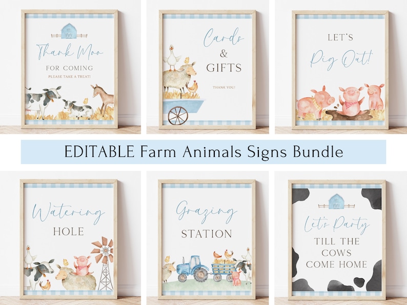 Farm Animals Blue Barn Birthday Invitation Bundle, Editable Farmyard B ...
