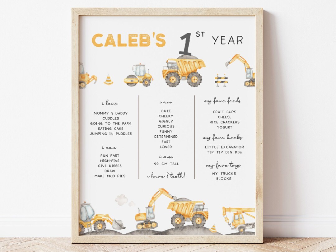 Construction 1st Birthday Milestone Sign, Editable Template ...