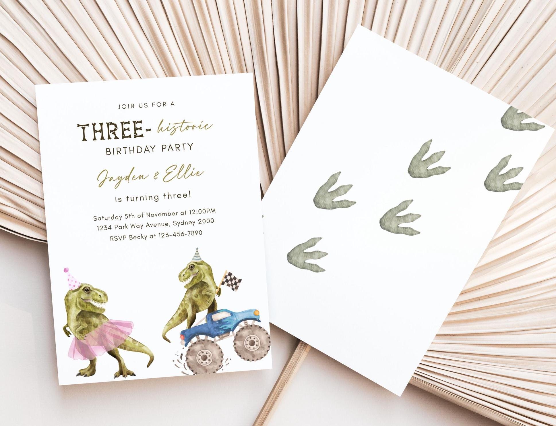Dinosaur Twins Three Historic Birthday Invitation, Editable T-rex ...