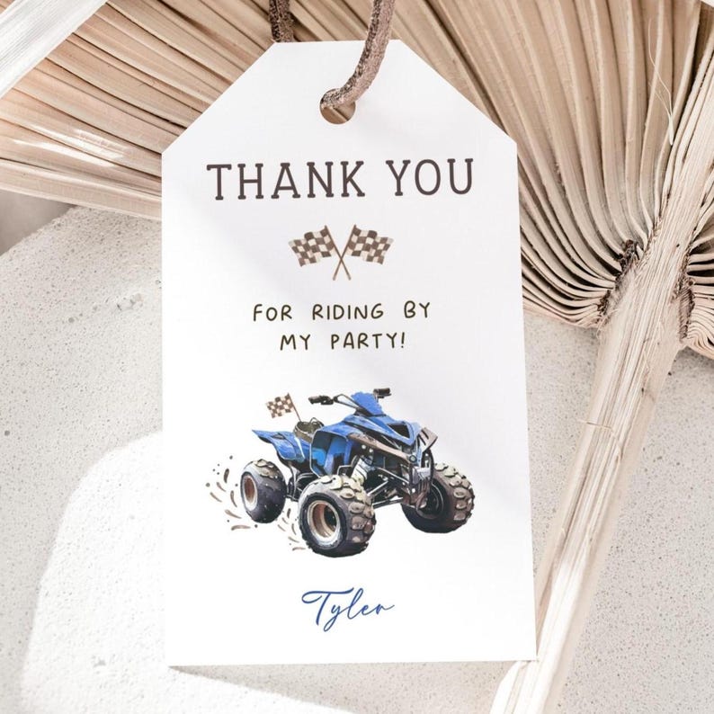 Editable Quad Bike Thank You Tag, Blue Quad Bike ATV Birthday Gift Tag ...
