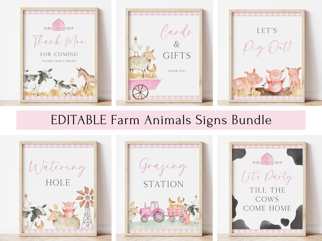 Editable Pink Barn Birthday Party Signs Bundle, Girl Farm Animals B'day ...