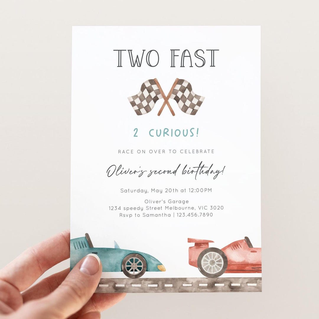 Two Fast 2 Curious Birthday Invitation, Editable Template, Vintage Race ...