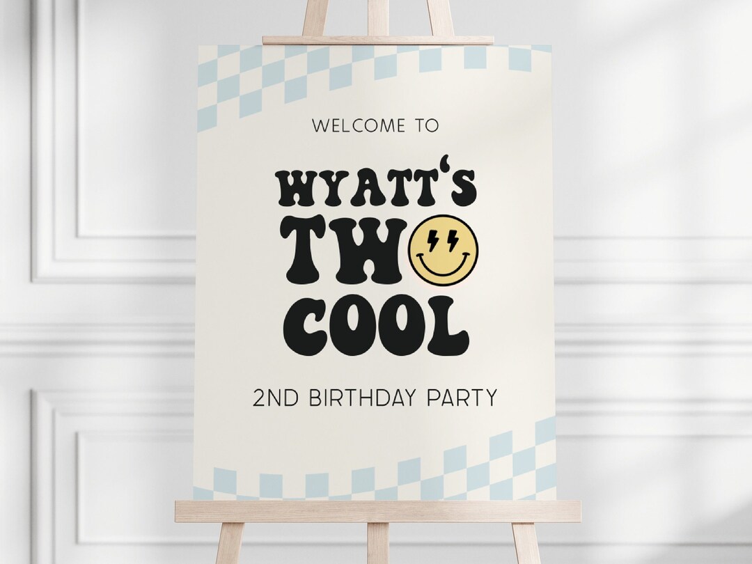Two Cool Birthday Welcome Sign, Editable Boy 2st B'day Party, Blue ...