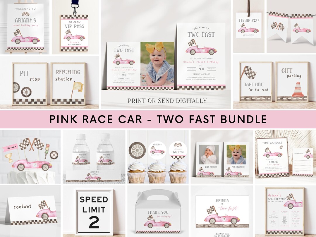 Two Fast Pink Race Car Birthday Bundle, Editable Girl Racing Party ...