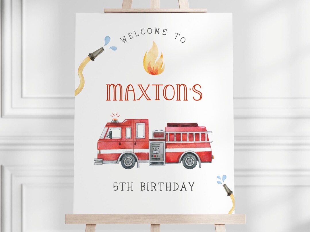 Fire Truck Birthday Party Welcome Sign, Editable Red Firetruck B'day ...