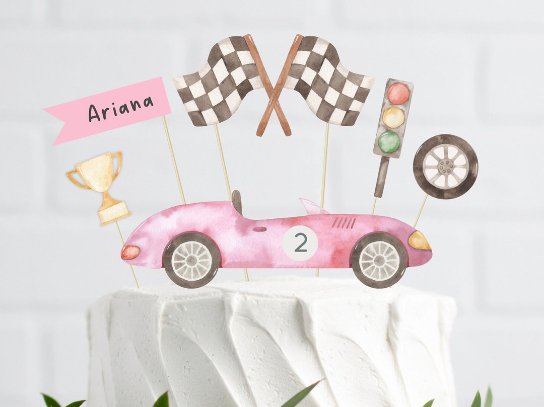 Editable Pink Race Car Cake Toppers, Printable Pink Vintage Car Party ...