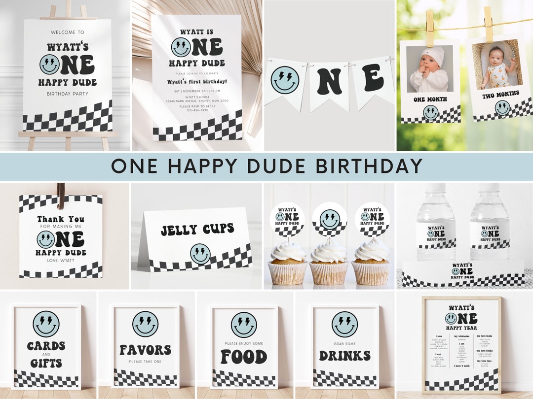 One Happy Dude Birthday Invitation Bundle, Editable Blue Smiley Face B ...