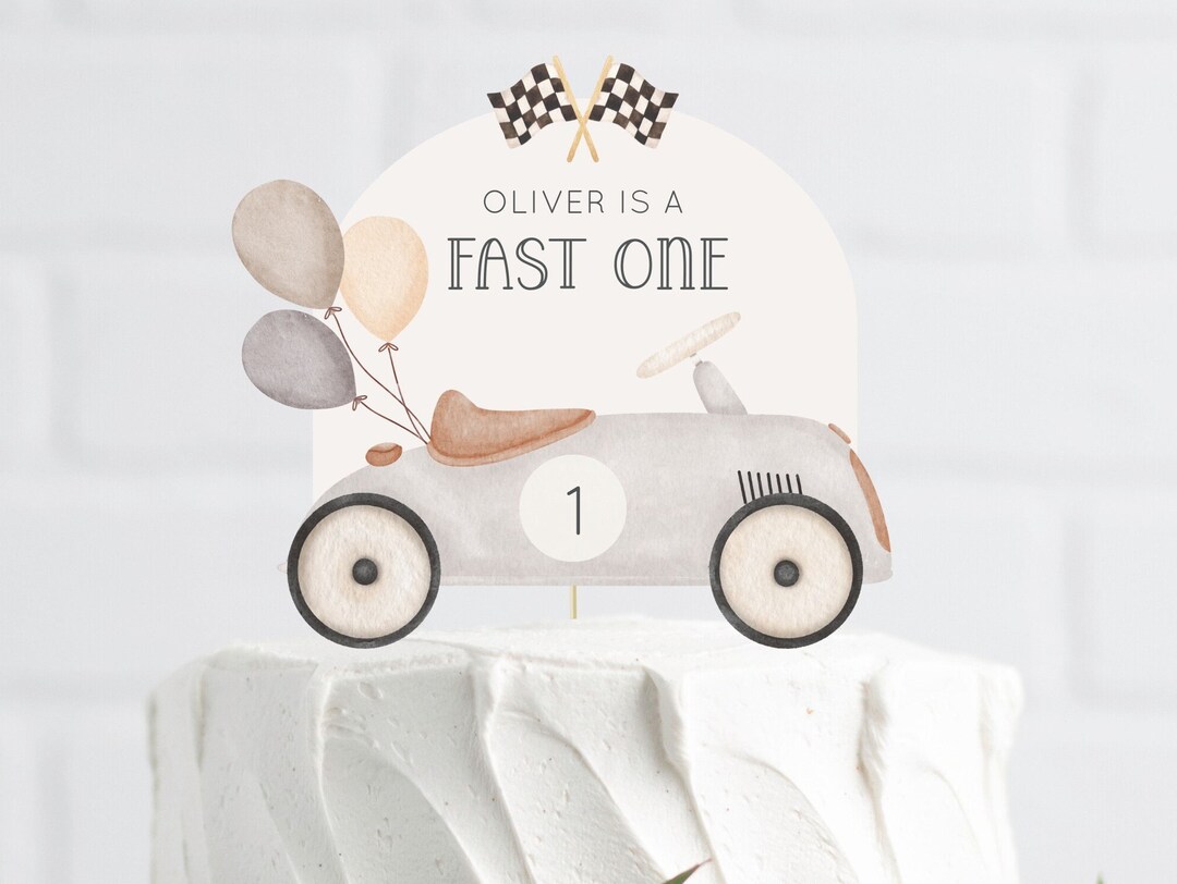 Editable Fast One Cake Toppers, Printable Grey Beige Vintage Car ...