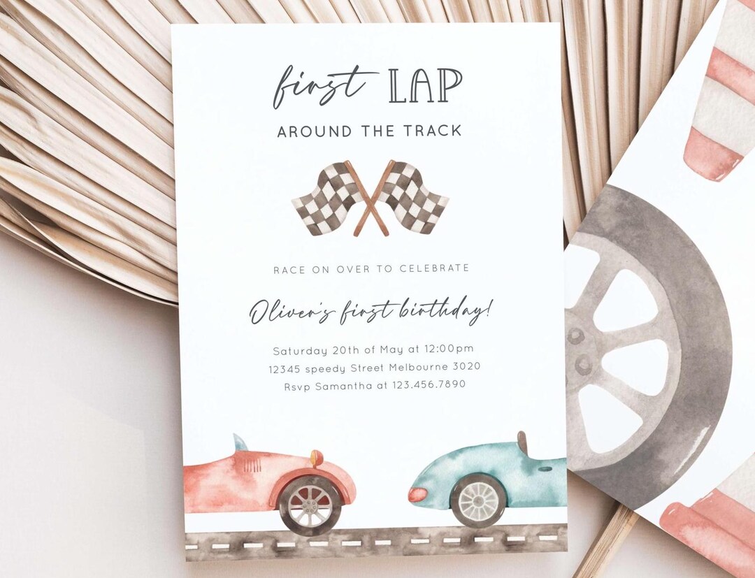 Race Car First Lap Birthday Invitation, Editable Red & Blue Car 1st B ...