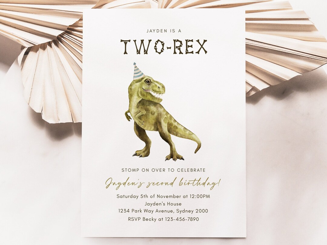 Two Rex Dinosaur Birthday Invitation, Editable 2nd B'day T-rex Invite ...