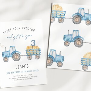 Any Age Blue Tractor Birthday Invitation, Editable Template, Blue Farm ...