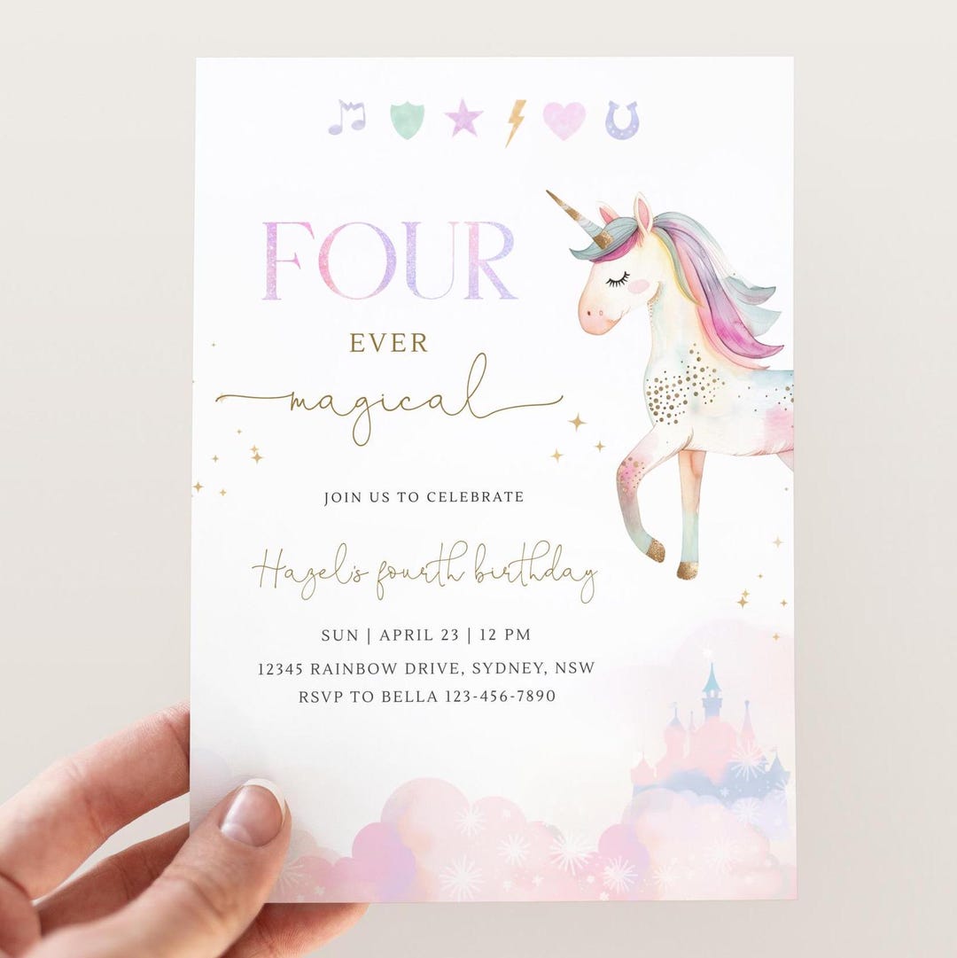 Four Ever Magical Unicorn Birthday Invitation, Editable Unicorn 4th B ...