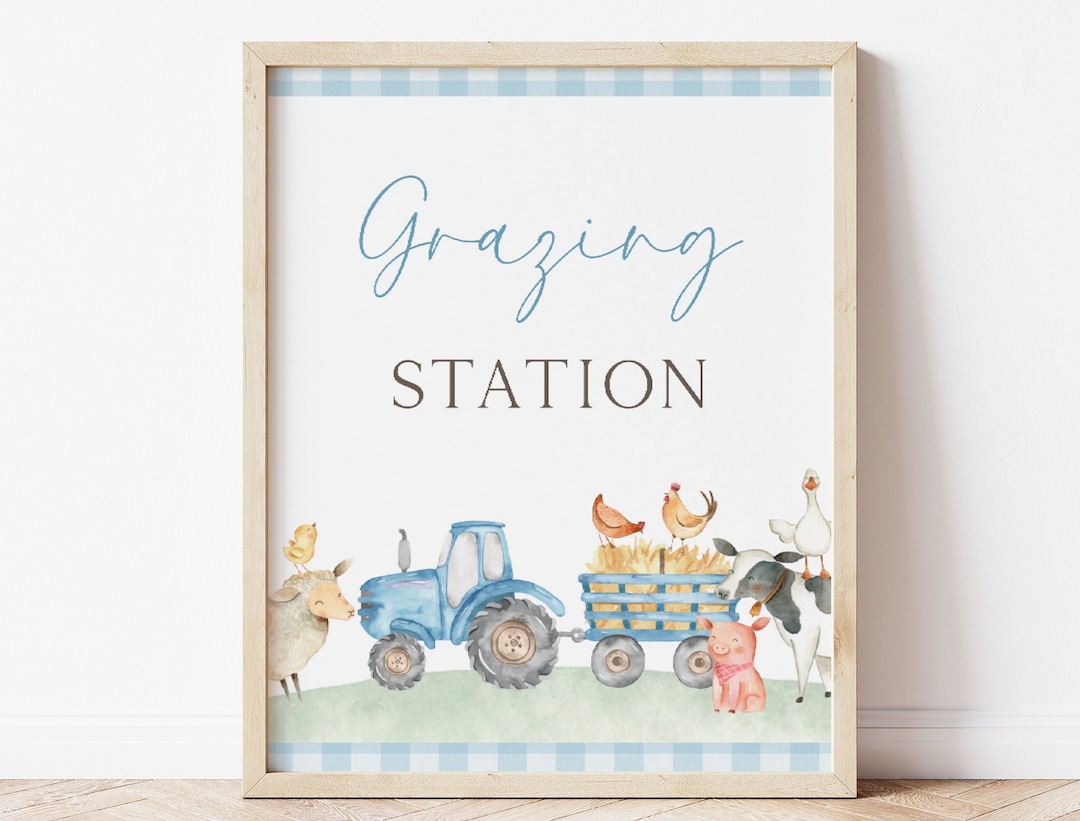 Farm Animals Grazing Station Sign, Editable Blue Barn & Animals ...