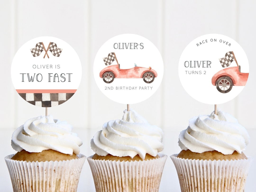 Editable Two Fast Cupcake Topper, Printable Red Race Car 2nd Birthday ...