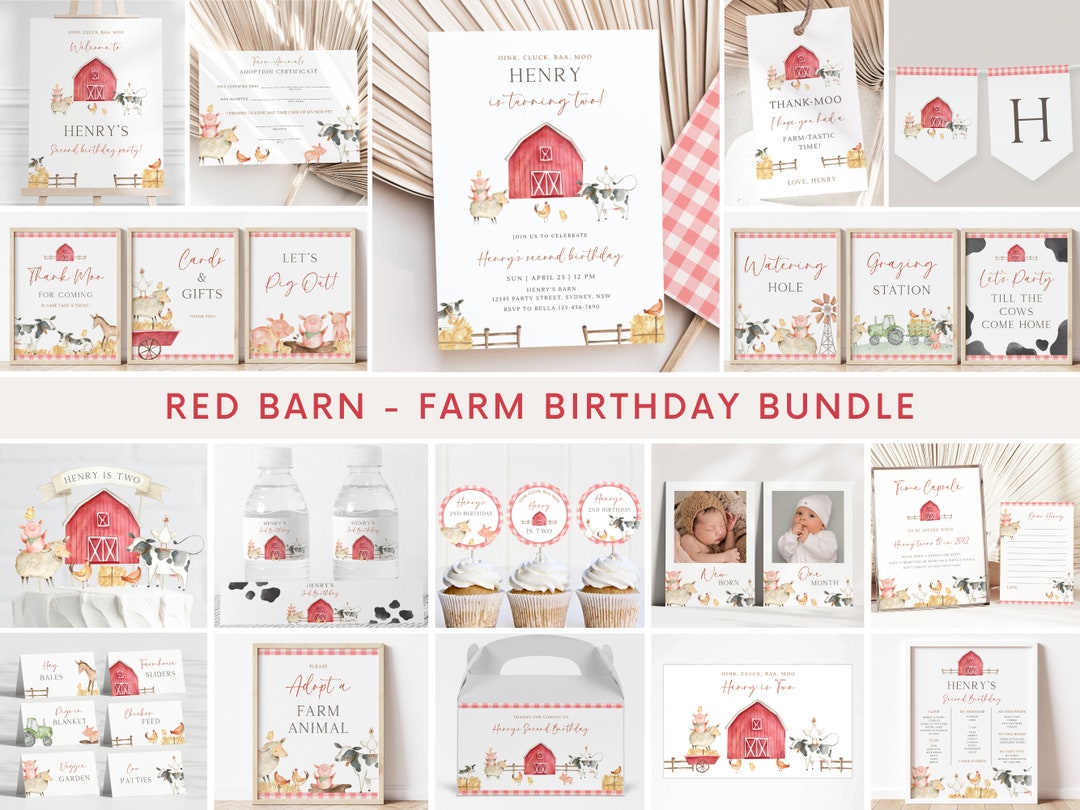 Farm Animals Red Barn Birthday Invitation Bundle, Editable Farmyard B ...