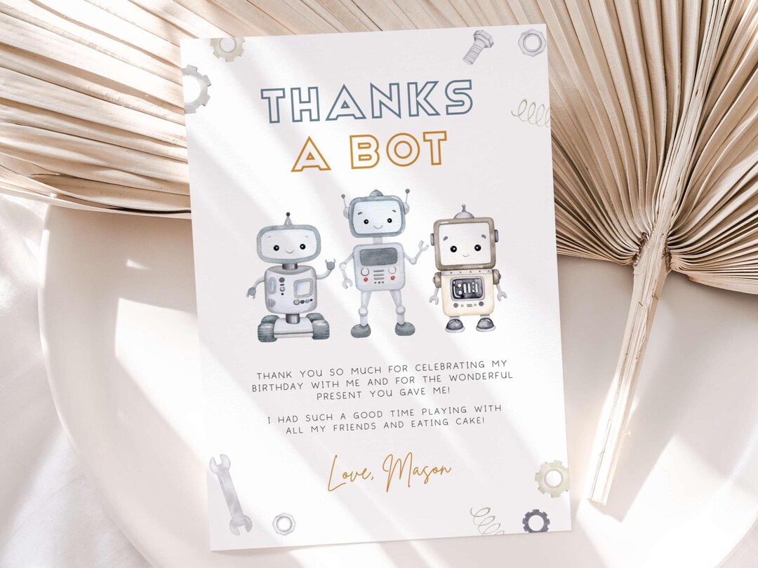 Editable Robot Thank You Card, Robots Birthday Party Thank You Note ...