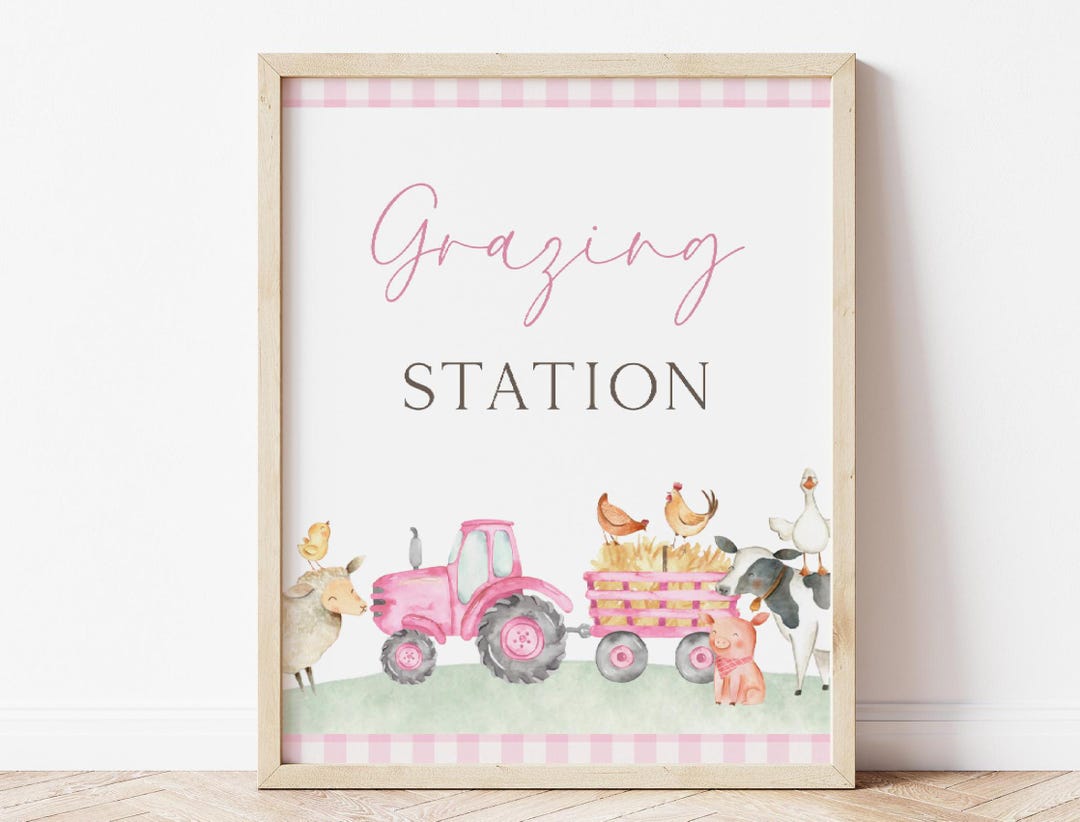 Pink Tractor Grazing Station Sign, Editable Girl Farm Animals B'day ...