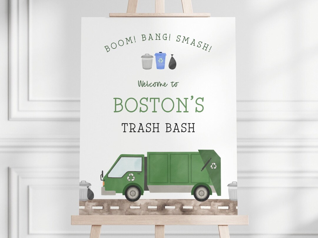Garbage Truck Party Welcome Sign, Editable Green Trash Truck Birthday ...