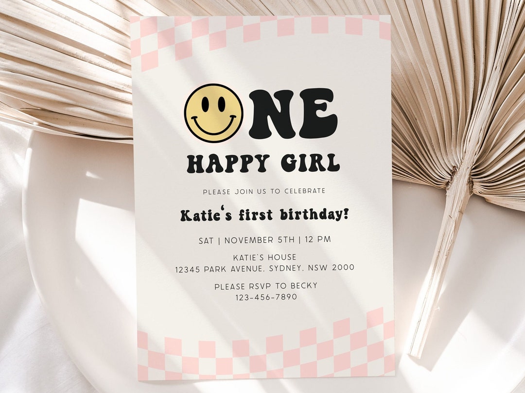 One Happy Girl Birthday Invitation, Editable Template, Girl 1st B'day ...