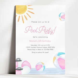 Editable Pool Party Birthday Invitation, Girl Pink Pool Party Invite ...