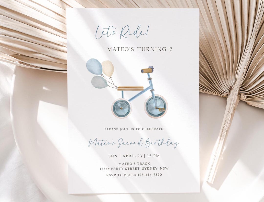 Let's Ride Tricycle Birthday Invitation, Editable Blue Trike & Balloons ...