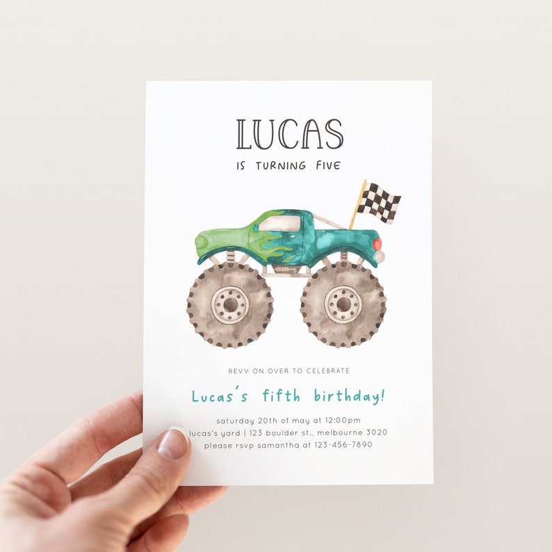 Editable Monster Truck Invitation Green & Blue Monster Truck - Etsy