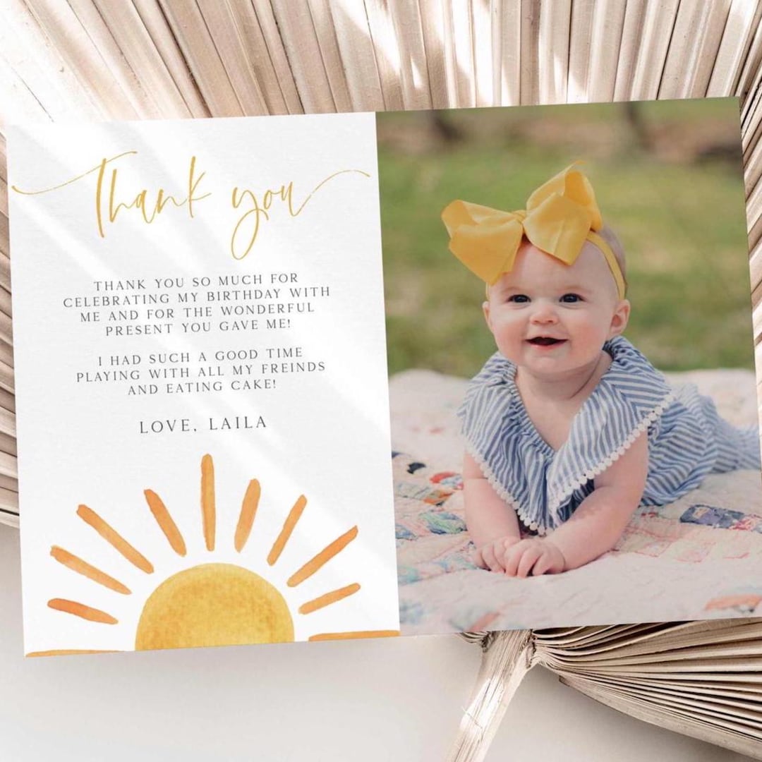 Sunshine Thank You Card With Photo, Editable Sun B'day Thank You Note ...