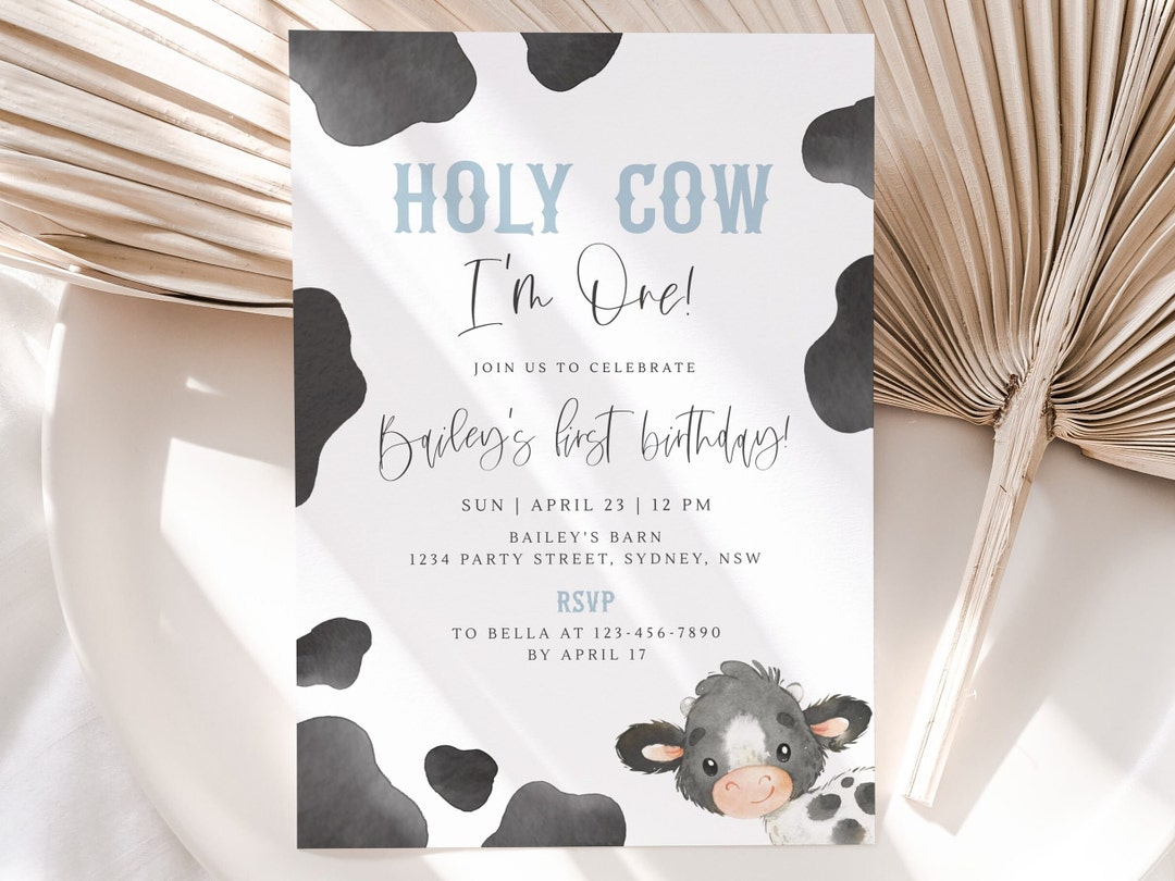 Holy Cow Birthday Party Invitation, Editable Holy Cow I'm One B'day ...