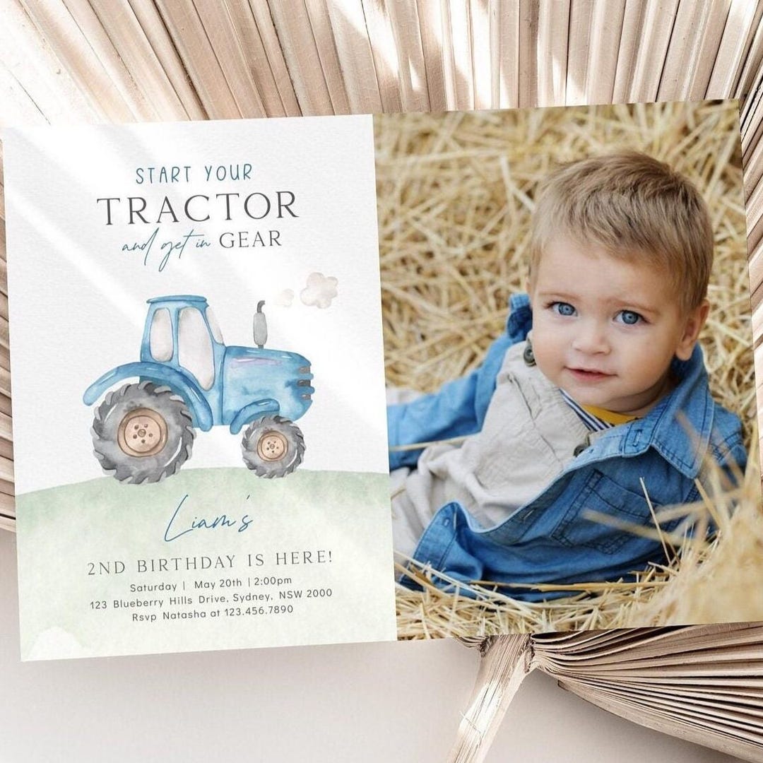 Blue Tractor Birthday Invitation With Photo, Editable Template, Any Age ...