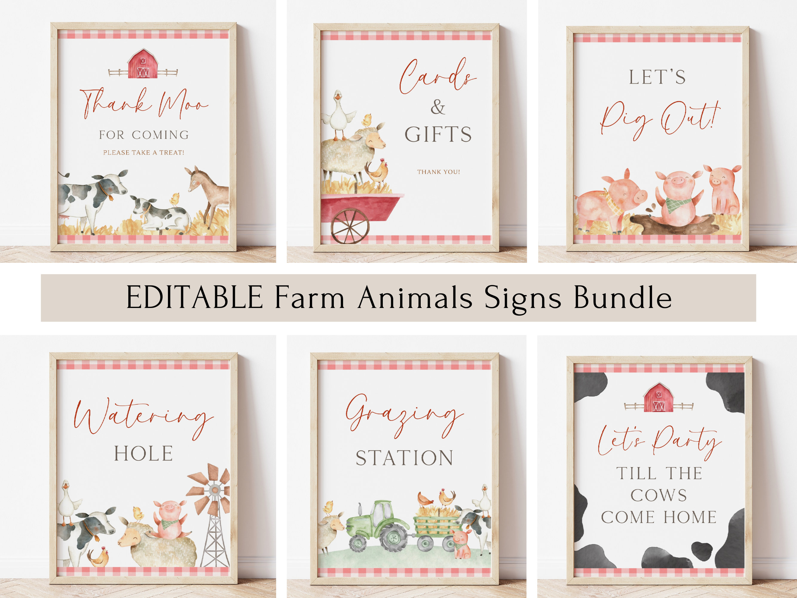 Editable Farm Birthday Party Signs Bundle, Red Barn & Farm Animals B ...