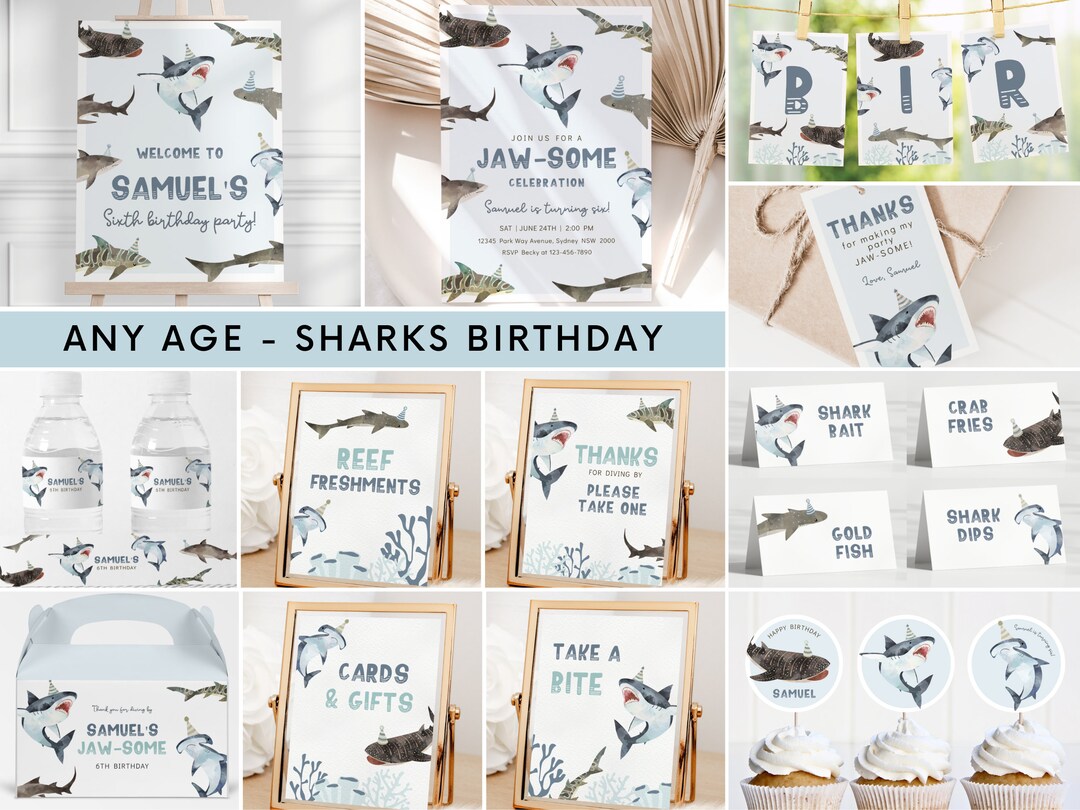 Any Age Sharks Birthday Bundle, Editable Template, Shark Invitation ...