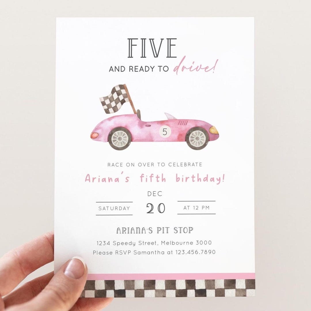 Pink Car 5th Birthday Party Invitation, Editable Vintage Pink Girl ...