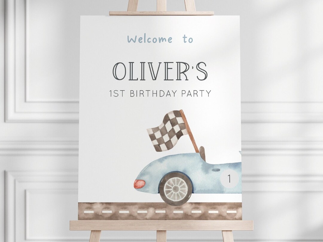 Blue Race Car Birthday Welcome Sign, Editable Fast ONE Racing B'day ...