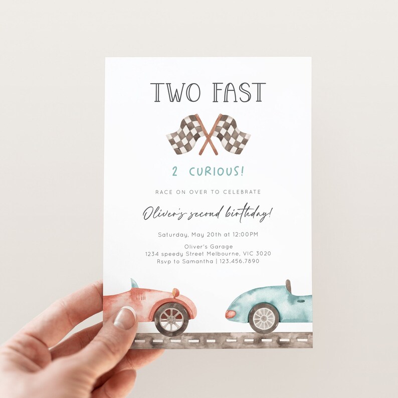 Two Fast 2 Curious Birthday Invitation, Editable Template, Vintage Race ...