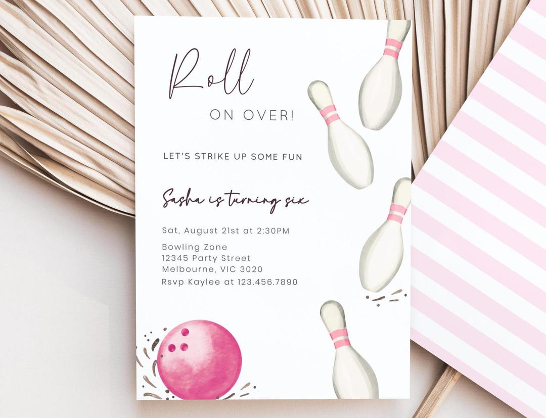 Girl Bowling Birthday Party Invitation, Editable Pink Bowling Ball B ...