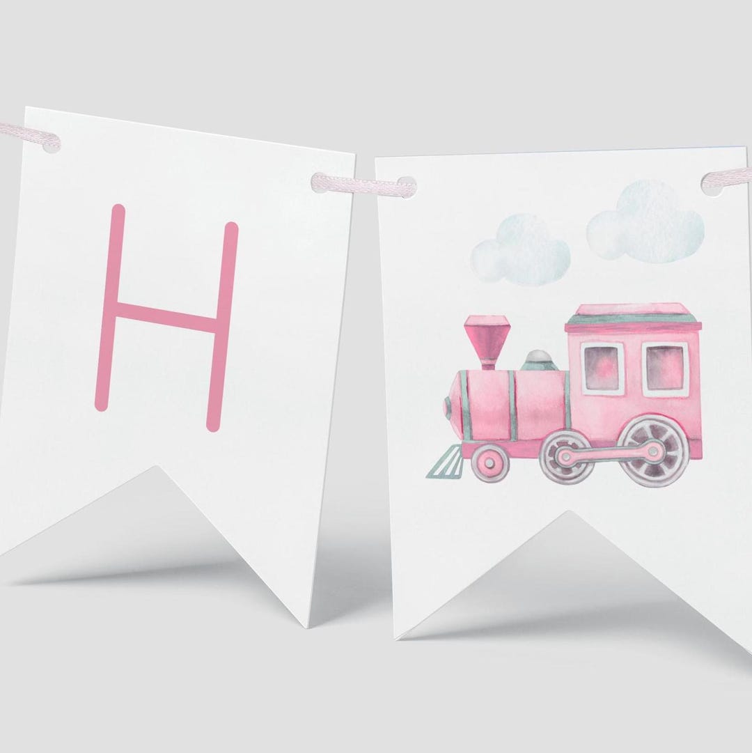 Pink Train Happy Birthday Banner, Editable Girl Pink Train B'day ...