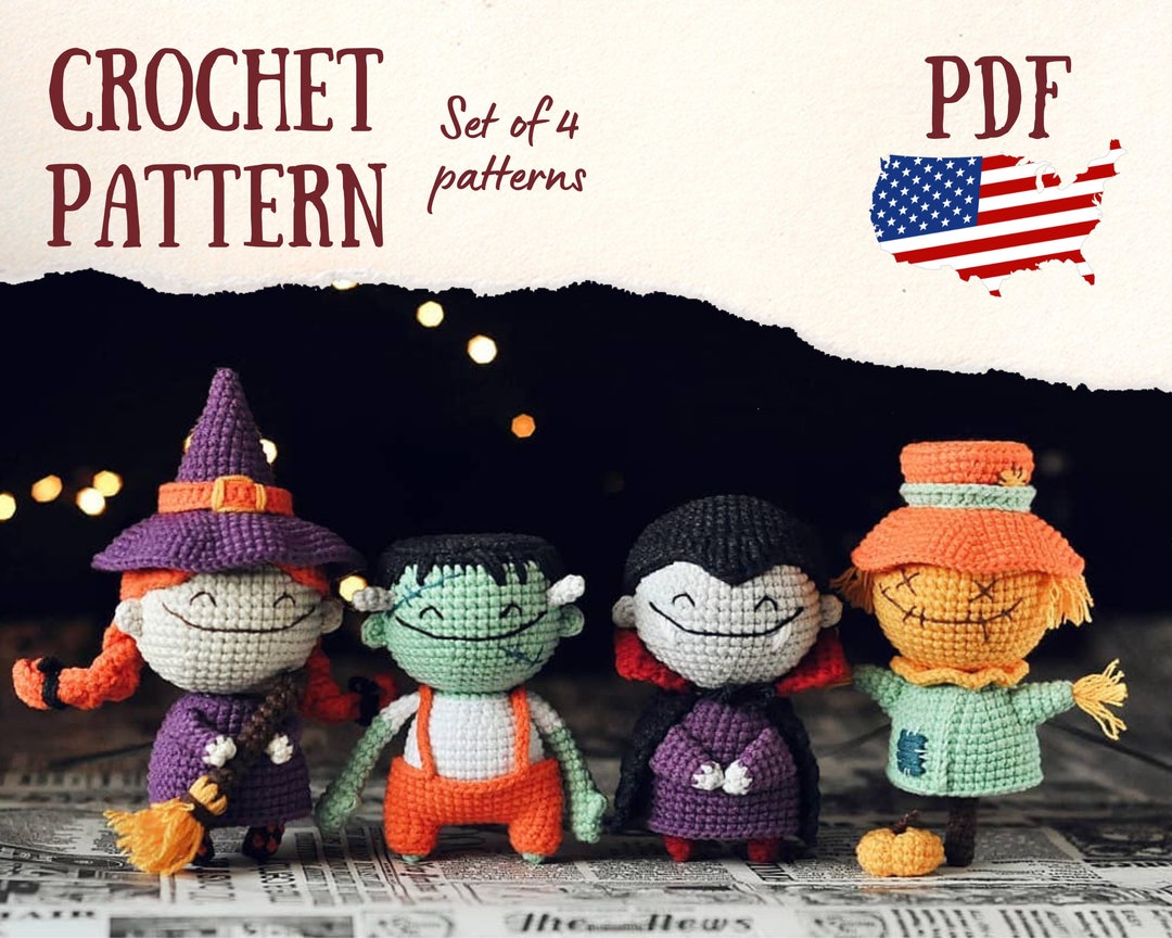 Halloween Crochet Patterns, Set of 4 Halloween Amigurumi Patterns ...