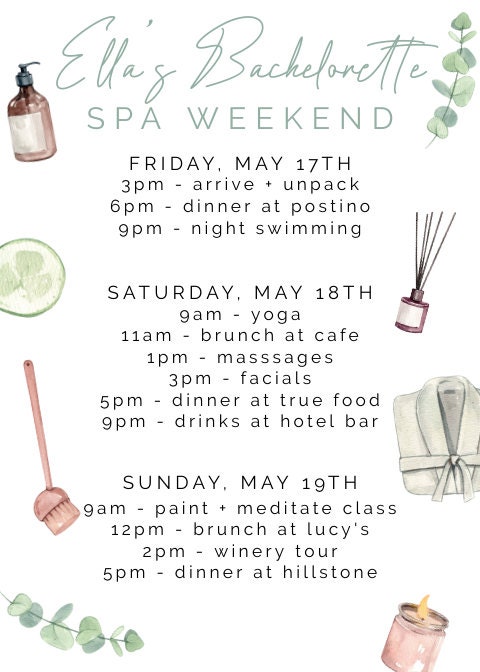 Bachelorette Itinerary Spa Weekend DOWNLOADABLE TEMPLATE - Etsy