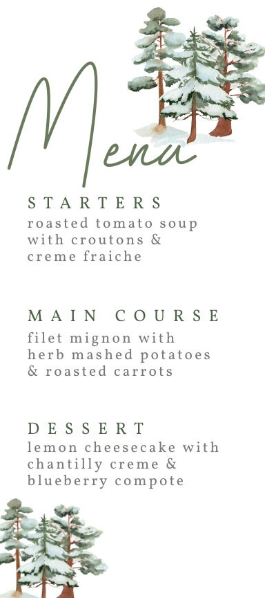 Seasonal Menu Template | Pine | Winter | Greenery | EDITABLE ...